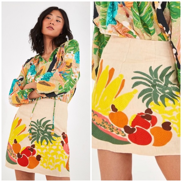 FARM Rio | Skirts | Anthro Farm Rio Embroidered Fruit Linen Mini Skirt ...